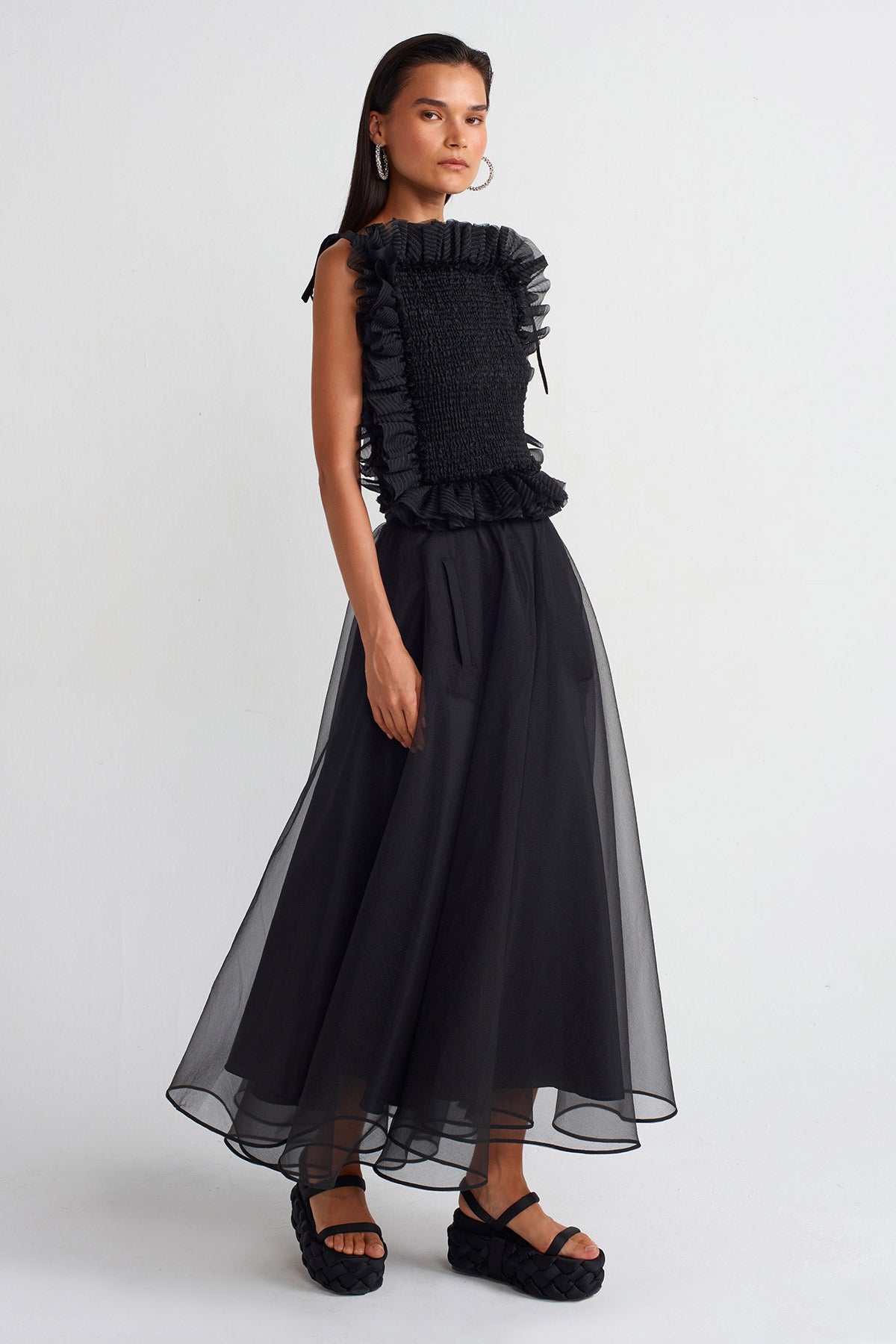 Black Embroidered Organza Bustier-Y251011075